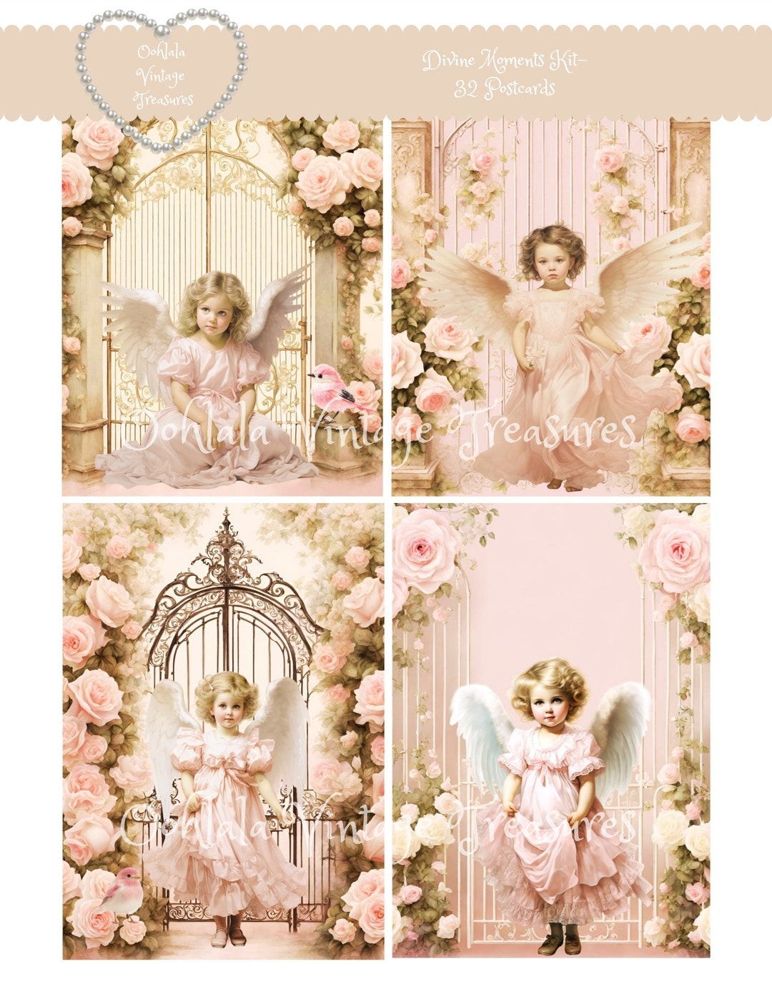 Divine Moments Kit-postcards Angels Valentines Day Garden Gate Birds ...
