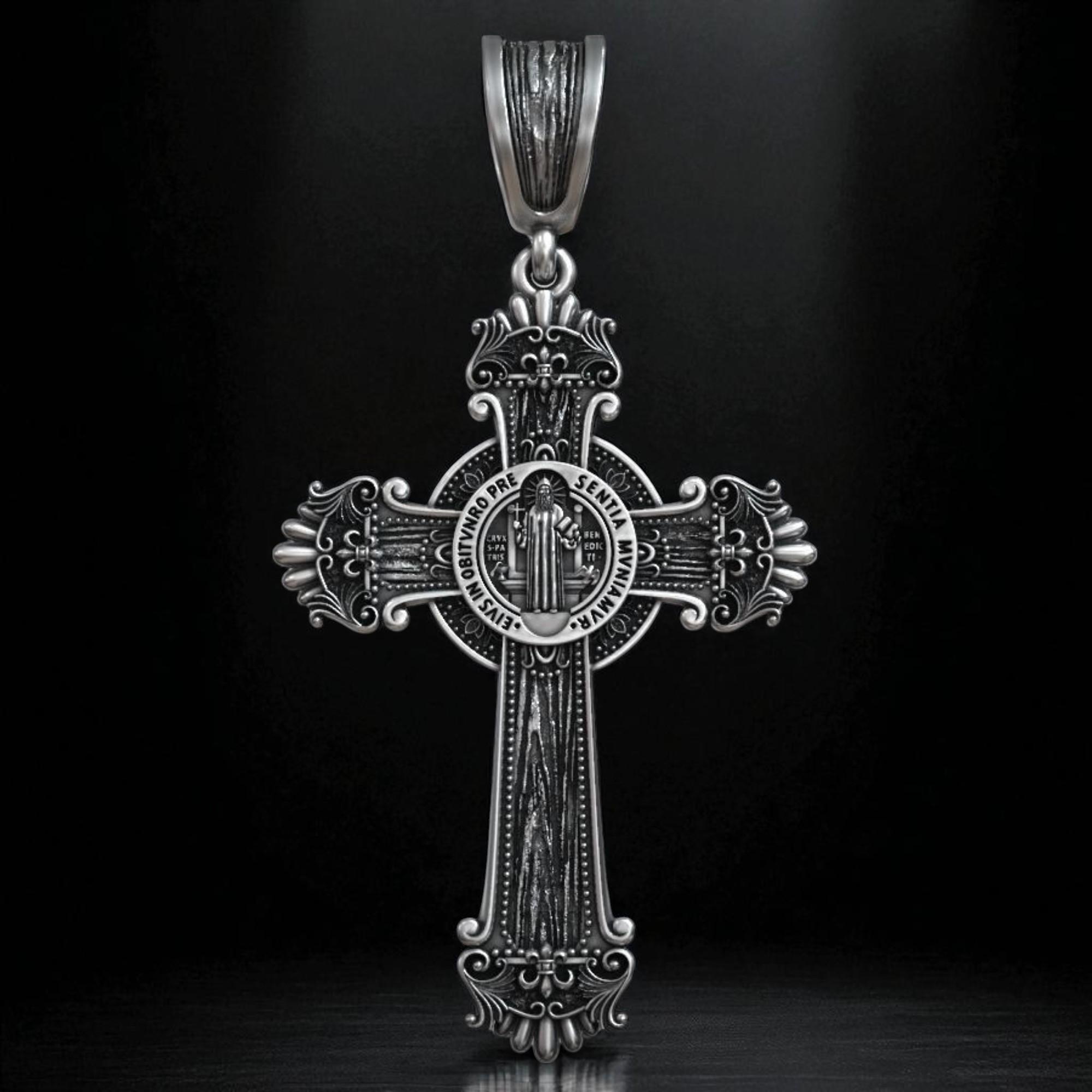 Saint Benedict Crucifix Medal Pendant, Ornate INRI Cross With Jesus ...