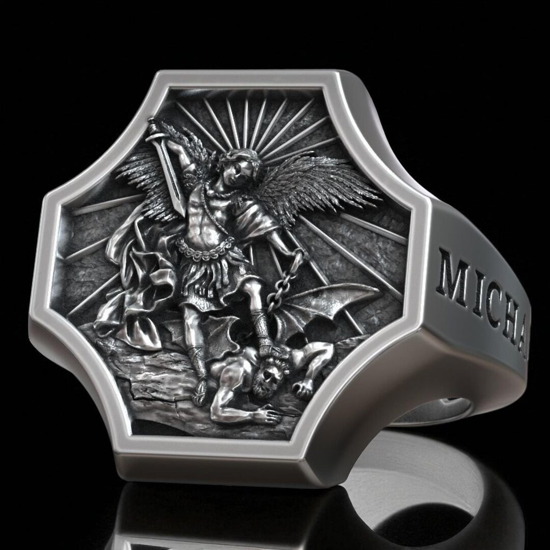 Triumphant Archangel Michael Ring, Defeating Satan Bas-relief, Sunburst ...