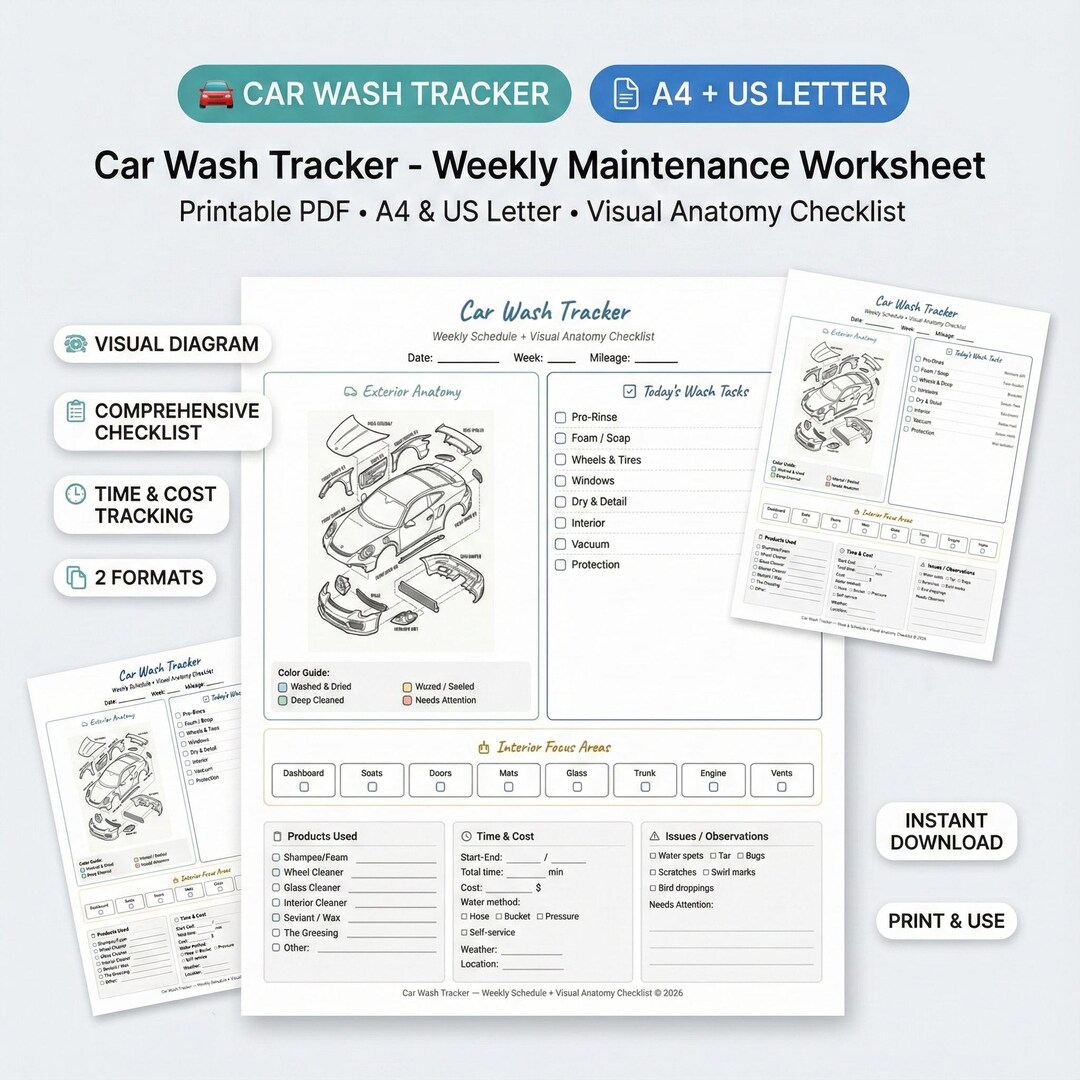 Car Wash Checklist & Tracker Printable Template | A4/US Letter | Visual ...
