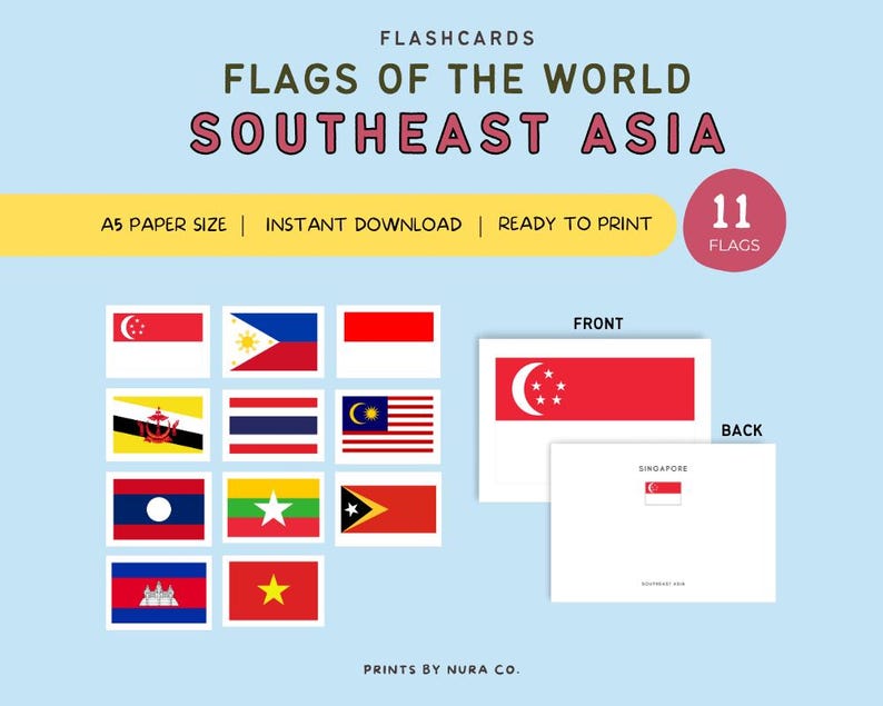 Southeast Asian Flags Flashcards – Printable ASEAN Country Cards for ...