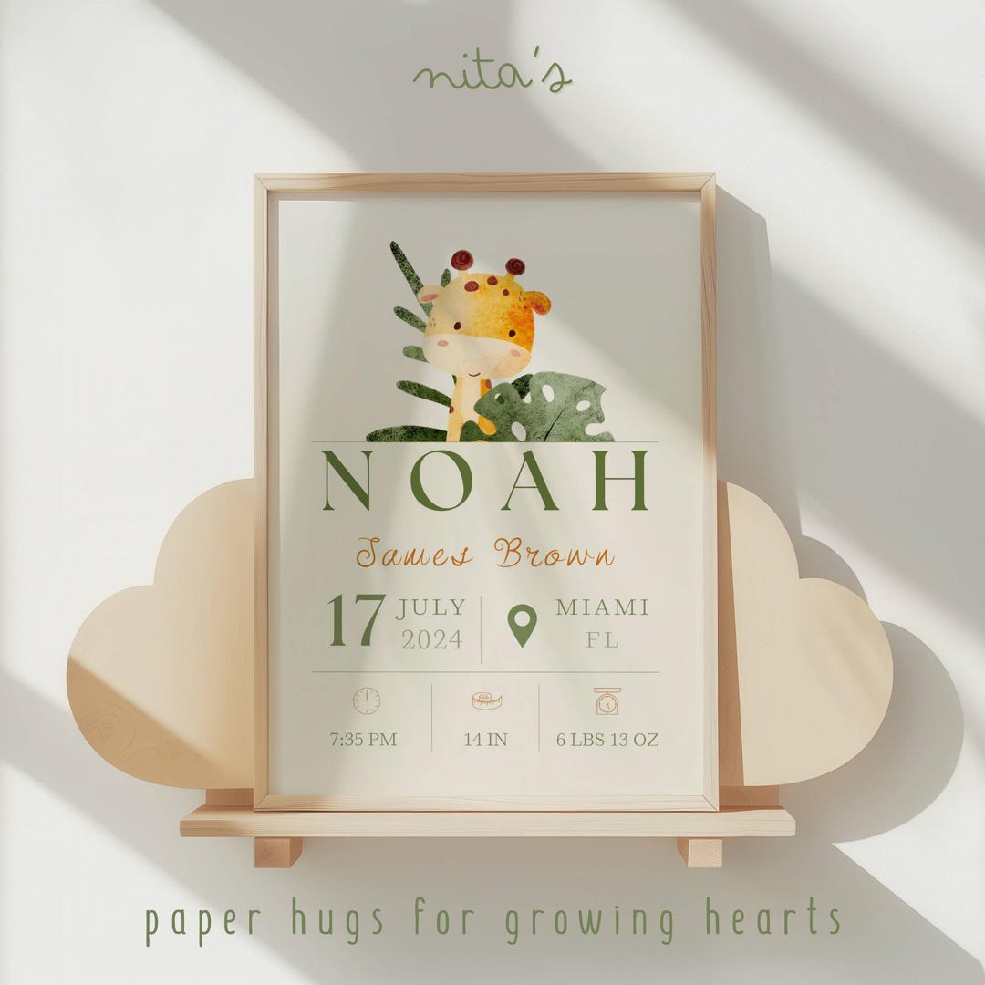 Personalized Birth Stats Print – Custom Baby Poster Giraffe – Safari ...