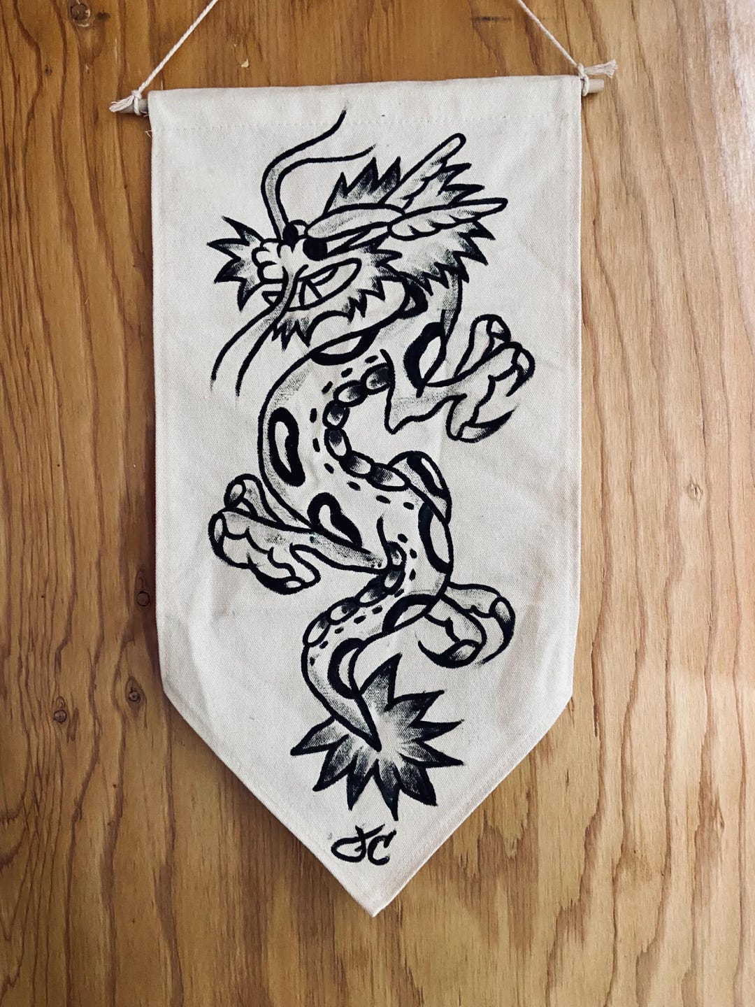 Hand-painted Dragon Banner – Tattoo-inspired Fabric Wall Hanging – 18.5 ...