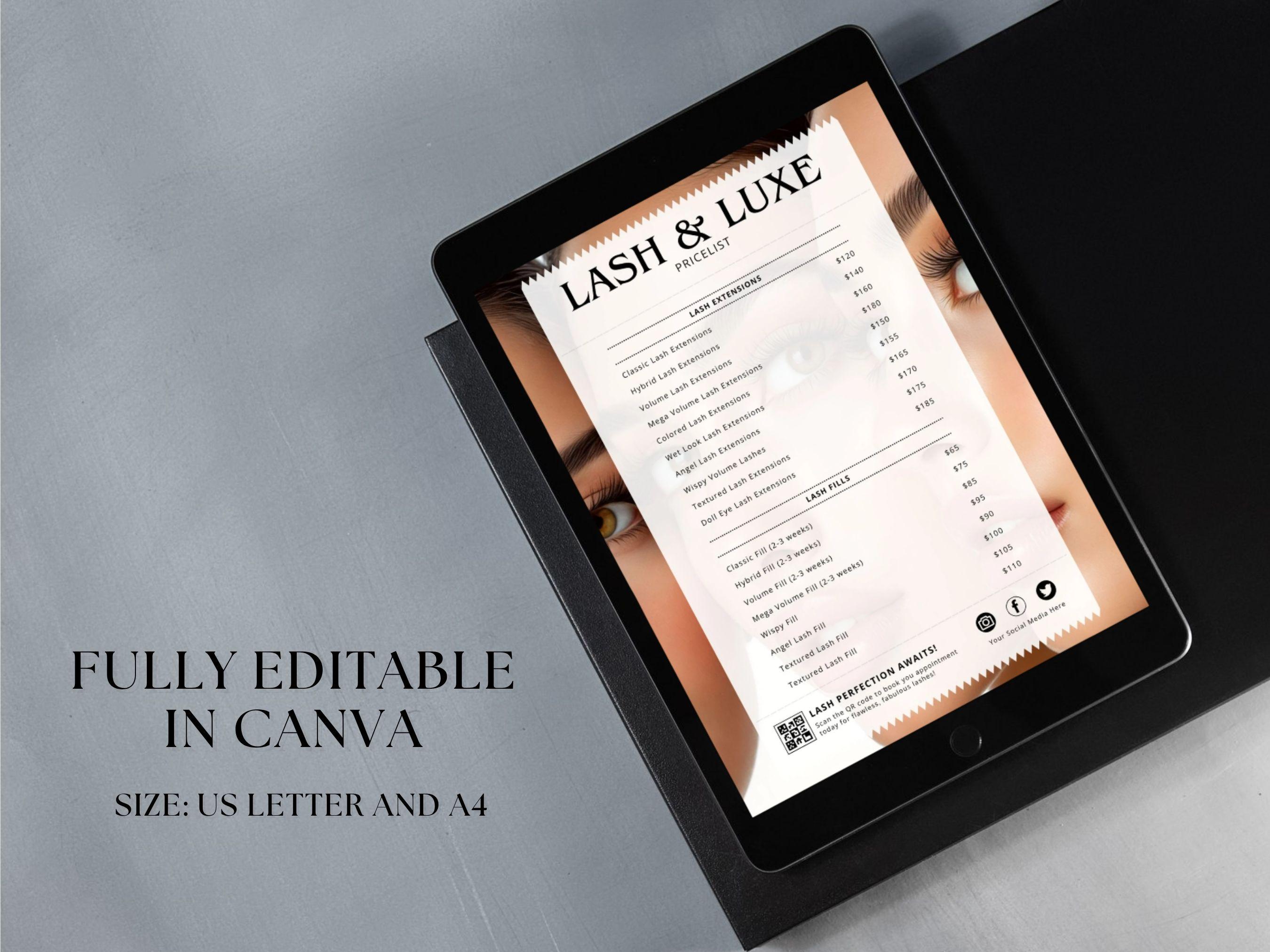 Lash Artist Price List Template Editable Canva Design QR Payment Sign ...