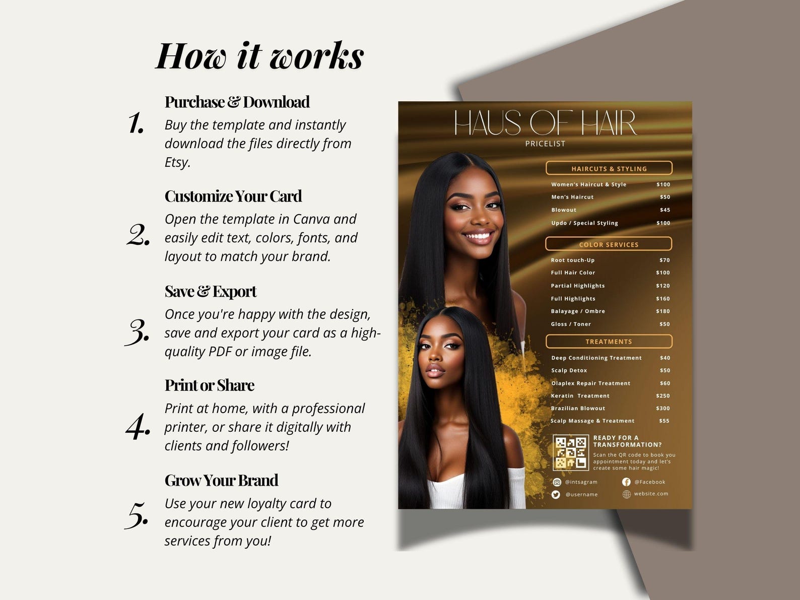 Hair Stylist Pricing Sheet Template Editable Canva QR Payment Sign ...
