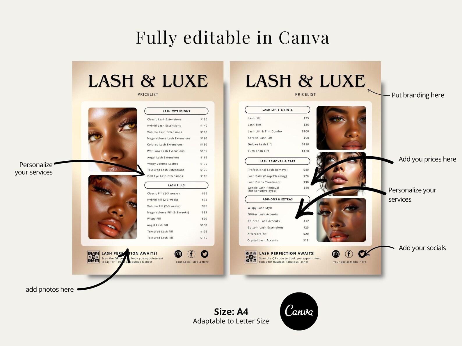 Lash Tech Price List Canva Template Editable Pricelist Sheet QR Payment ...