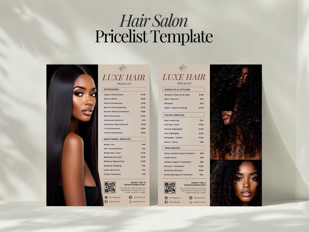 Hair Salon Pricelist Template Editable Canva QR Payment Sign Printable ...