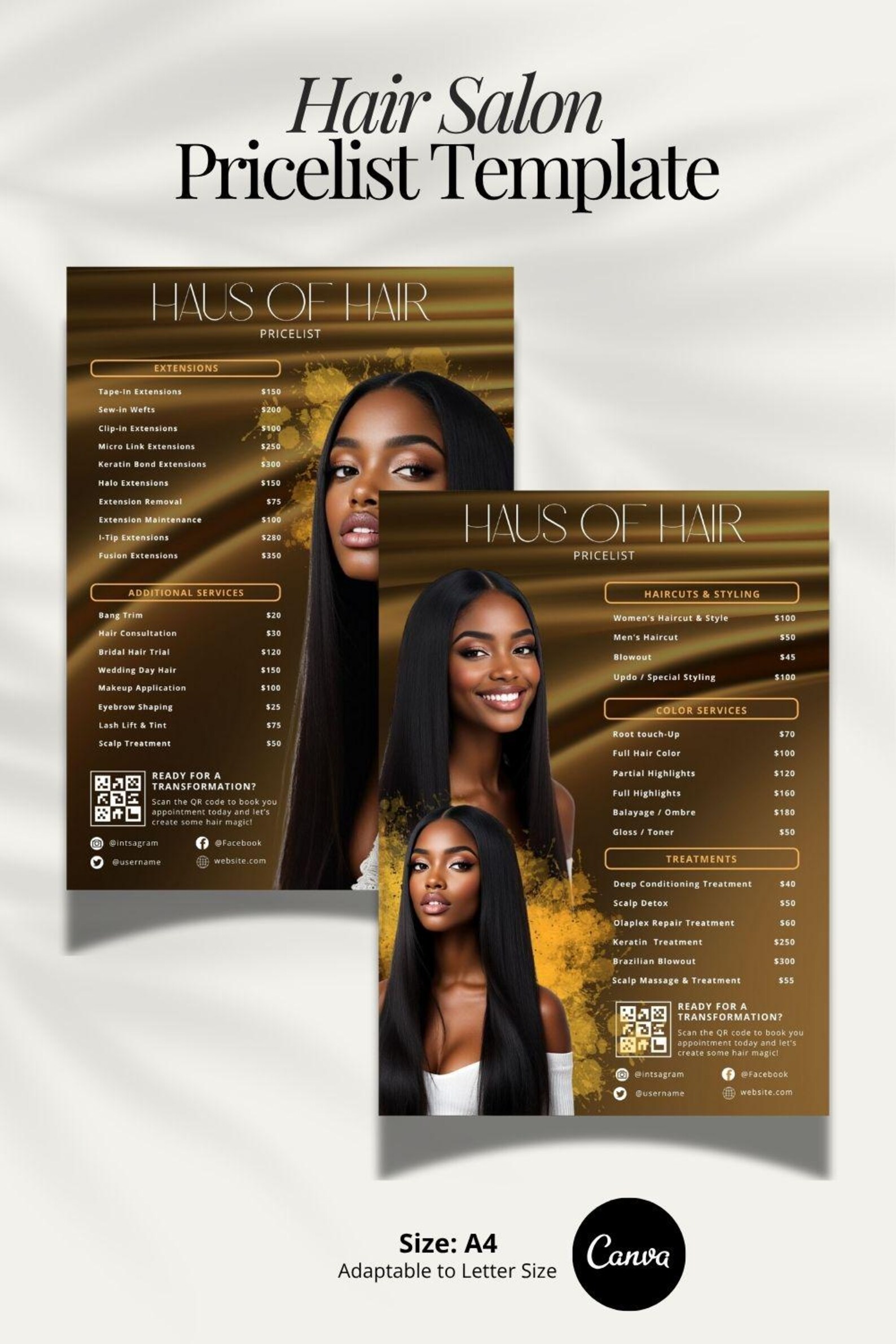 Hair Stylist Pricing Sheet Template Editable Canva QR Payment Sign ...