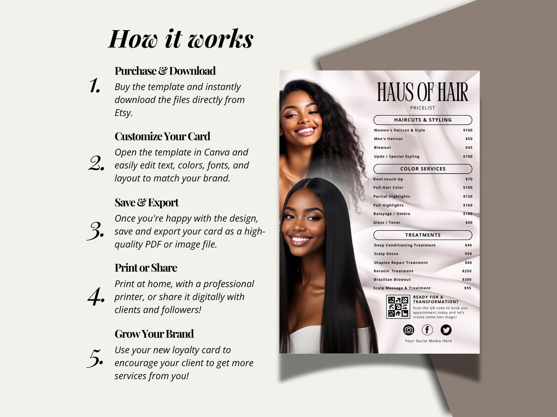 Editable Hair Salon Pricelist Template Canva QR Payment Sign Printable ...