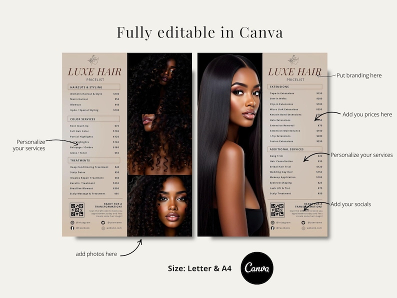 Hair Salon Pricelist Template Editable Canva QR Payment Sign Printable ...
