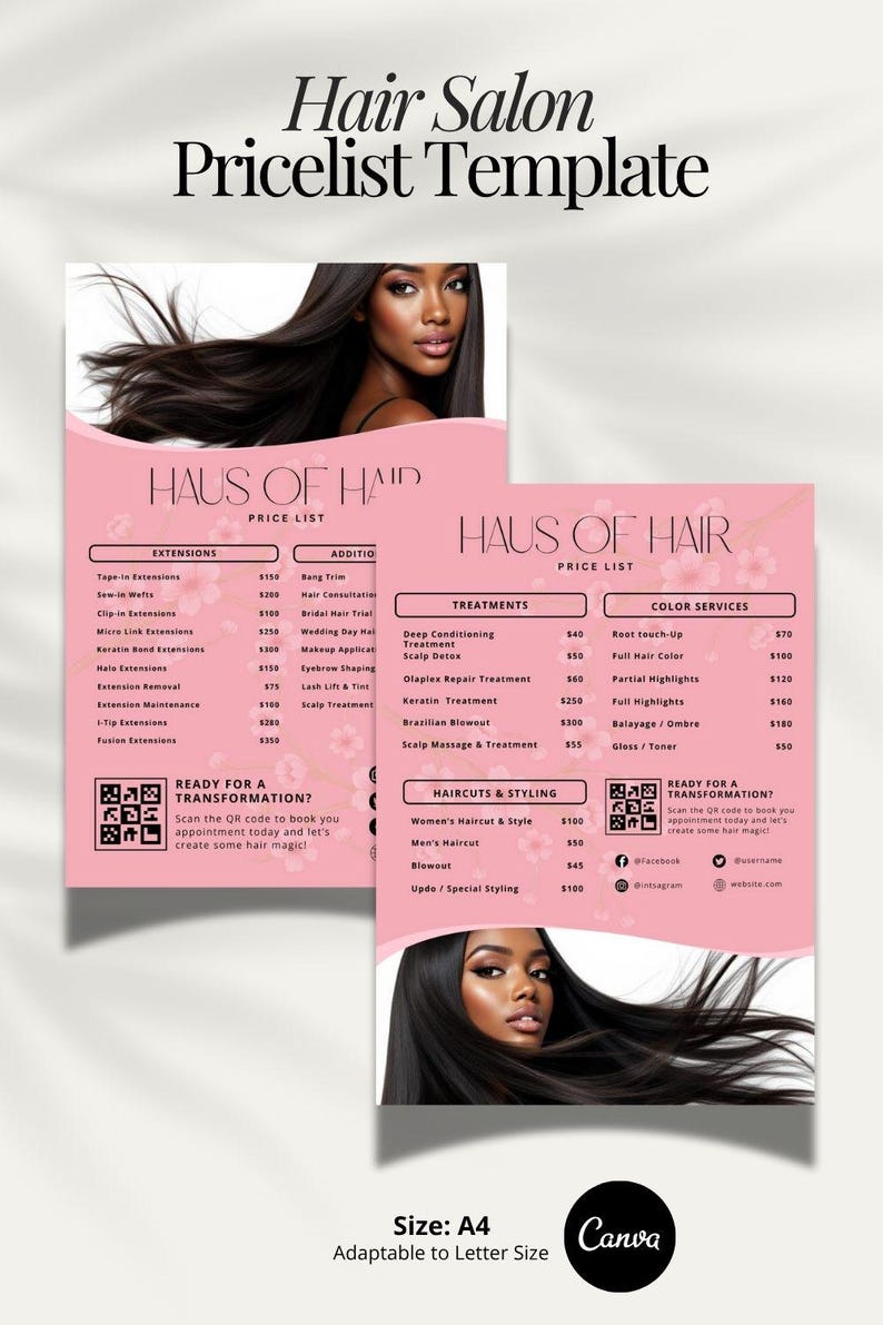 Editable Hair Stylist Pricelist Template Canva Salon Price List QR ...