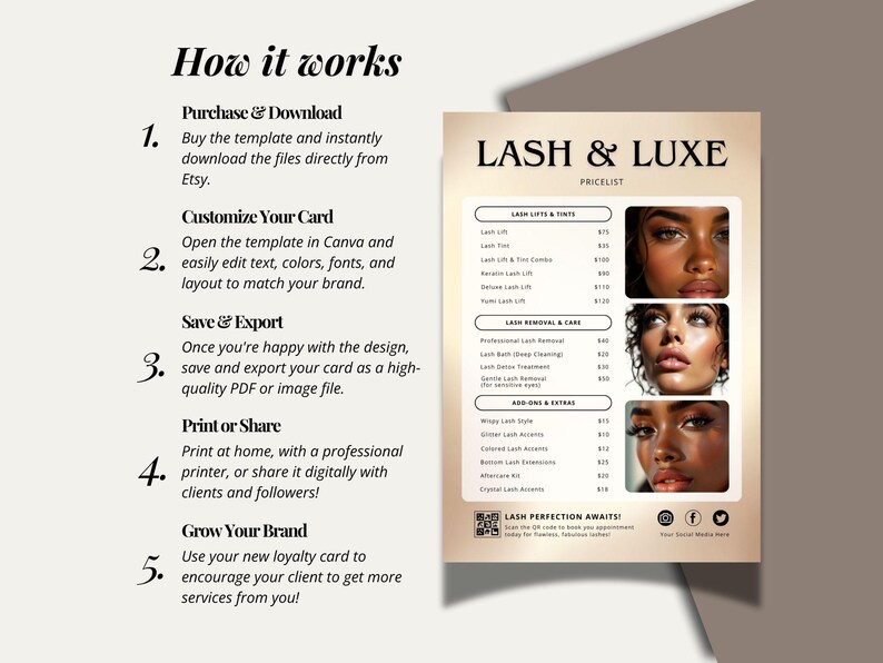 Lash Tech Price List Canva Template Editable Pricelist Sheet QR Payment ...