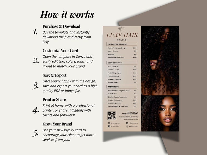Hair Salon Pricelist Template Editable Canva QR Payment Sign Printable ...