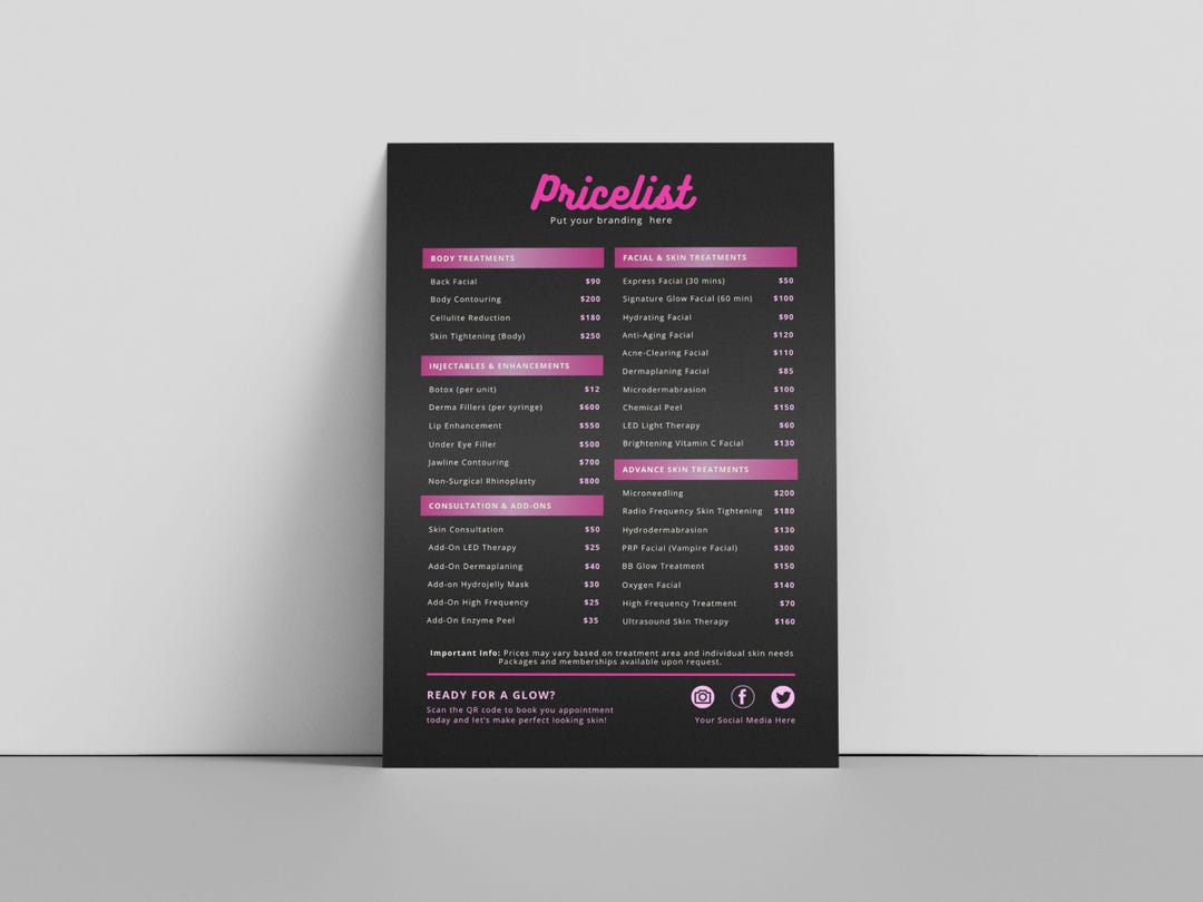 Esthetician Price List Template Editable Pink Printable With QR Code ...