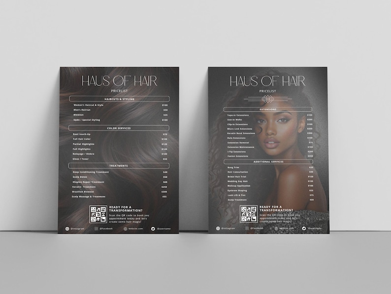 Printable Hair Salon Price List Template Editable Canva QR Code Payment ...