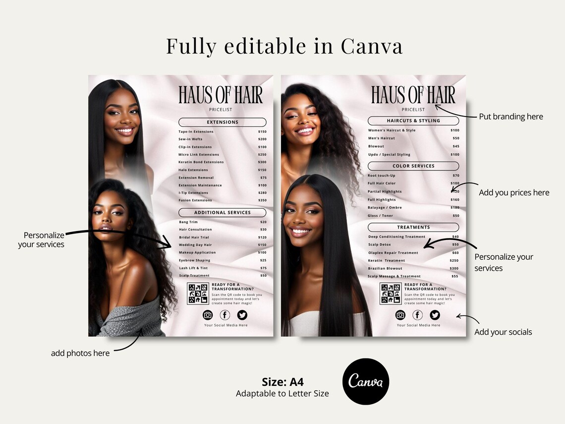 Editable Hair Salon Pricelist Template Canva QR Payment Sign Printable ...