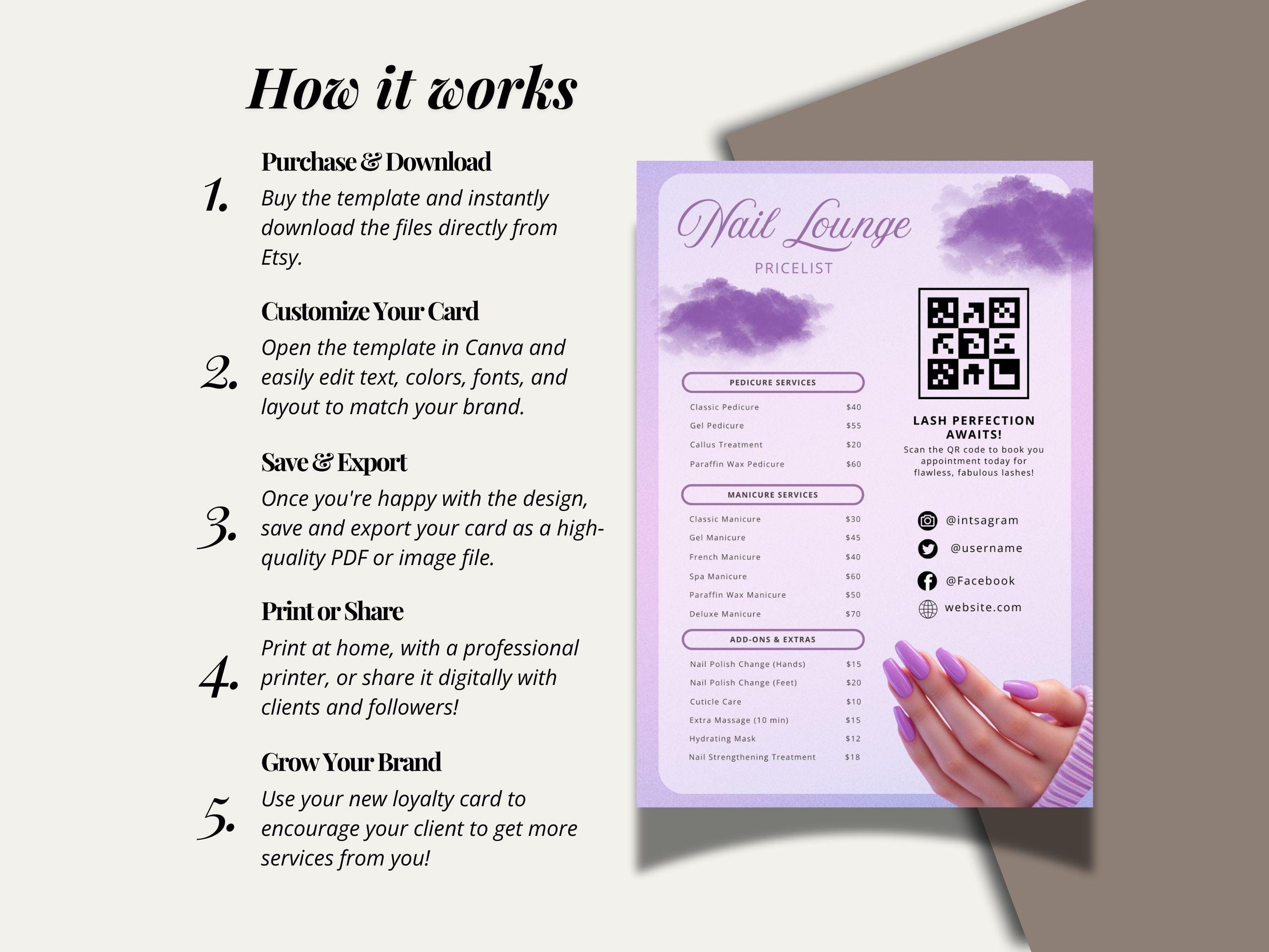 Nail Tech Salon Menu Template Editable Price List Canva QR Payment Sign ...