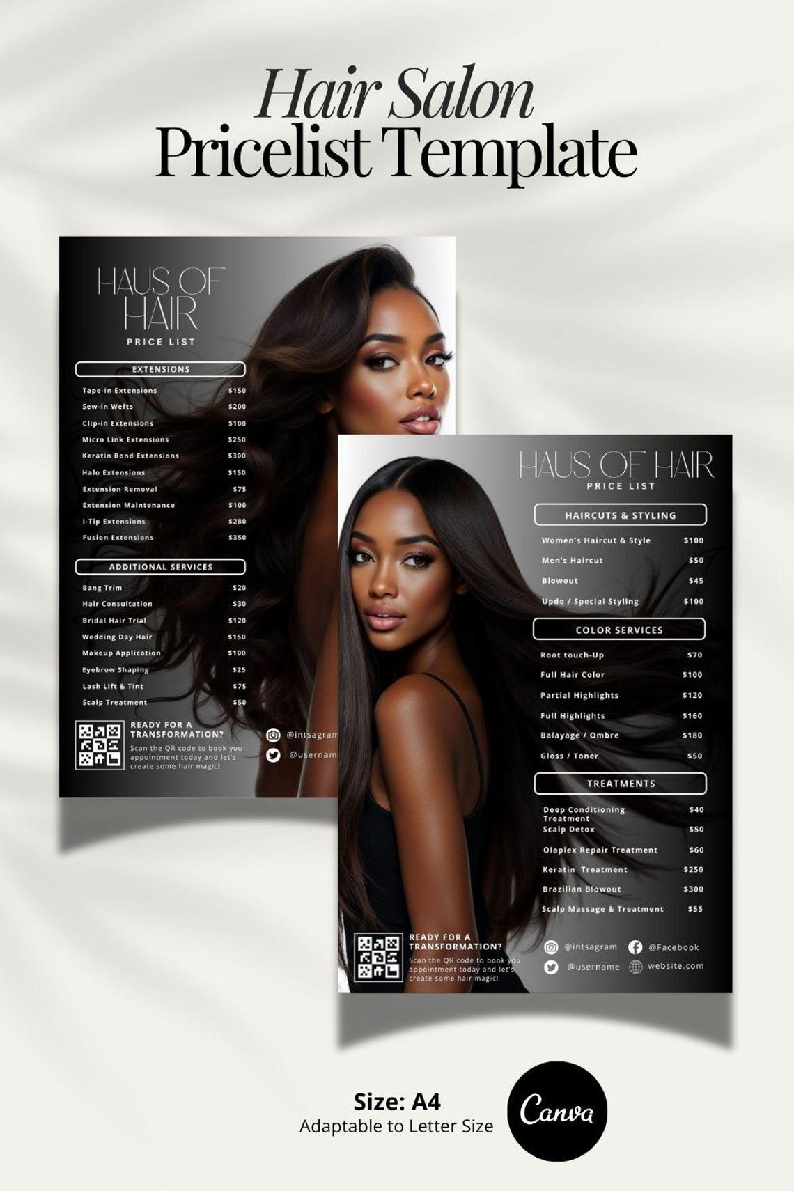 Hair Salon Pricelist Template Editable Canva QR Code Payment Sign ...