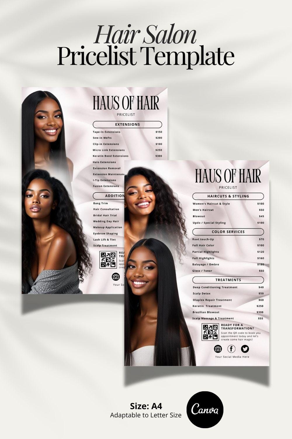Editable Hair Salon Pricelist Template Canva QR Payment Sign Printable ...
