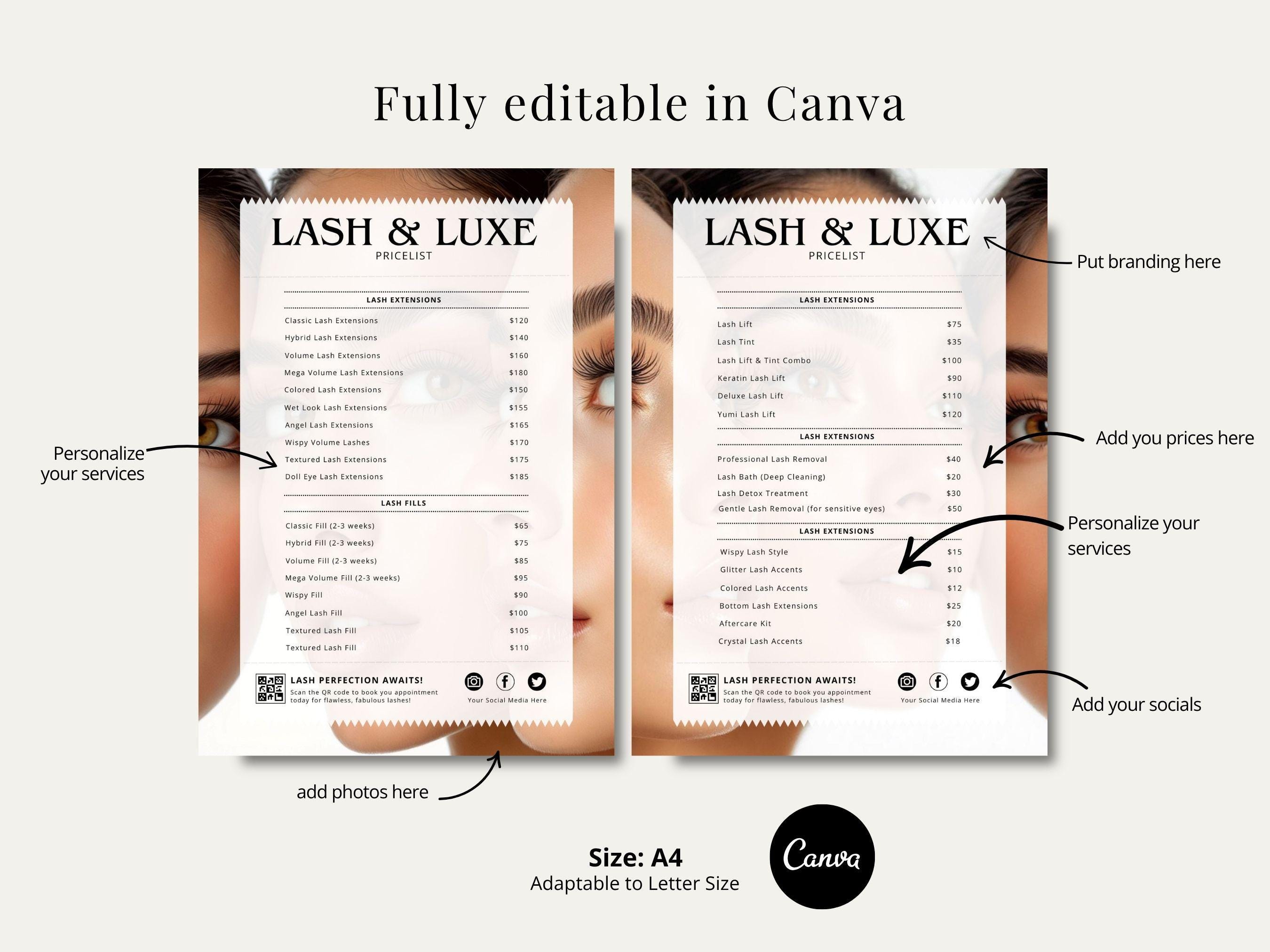 Lash Artist Price List Template Editable Canva Design QR Payment Sign ...