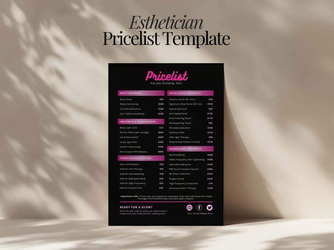 Esthetician Price List Template Editable Pink Printable With QR Code ...