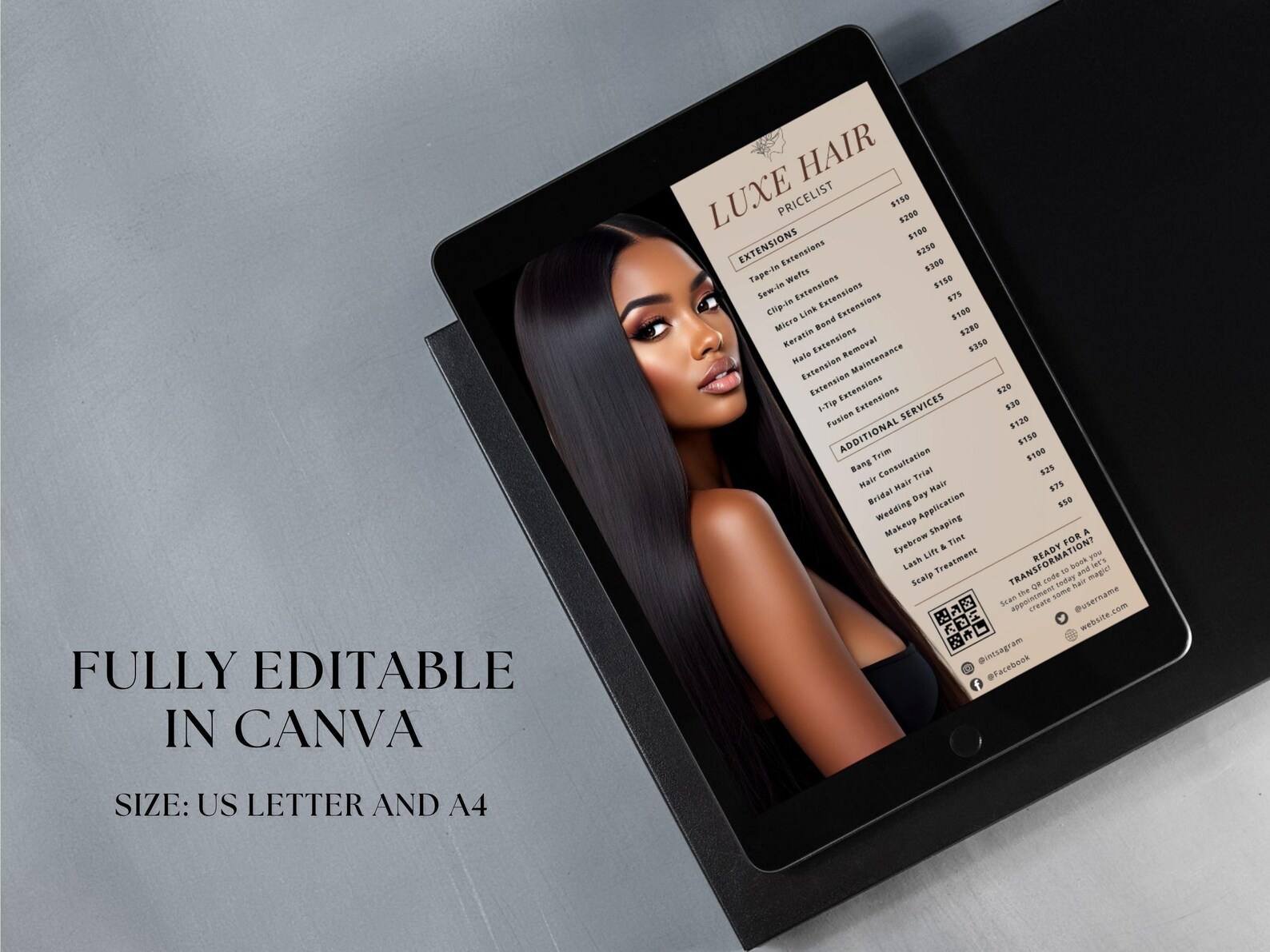 Hair Salon Pricelist Template Editable Canva QR Payment Sign Printable ...