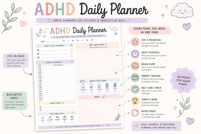 ADHD Planner Bundle Printable | Daily, Weekly, Monthly Organizer ...