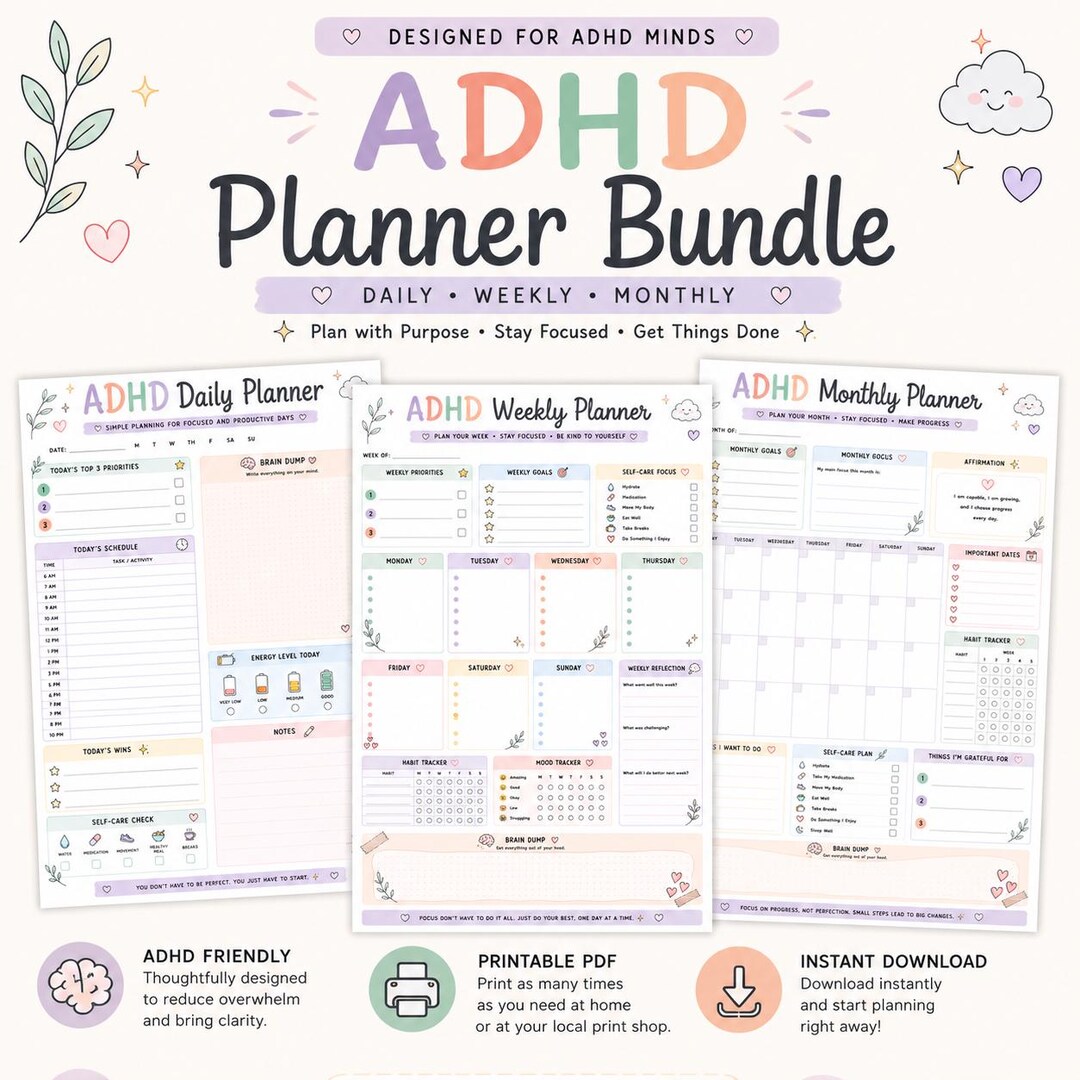 ADHD Planner Bundle Printable | Daily, Weekly, Monthly Organizer ...