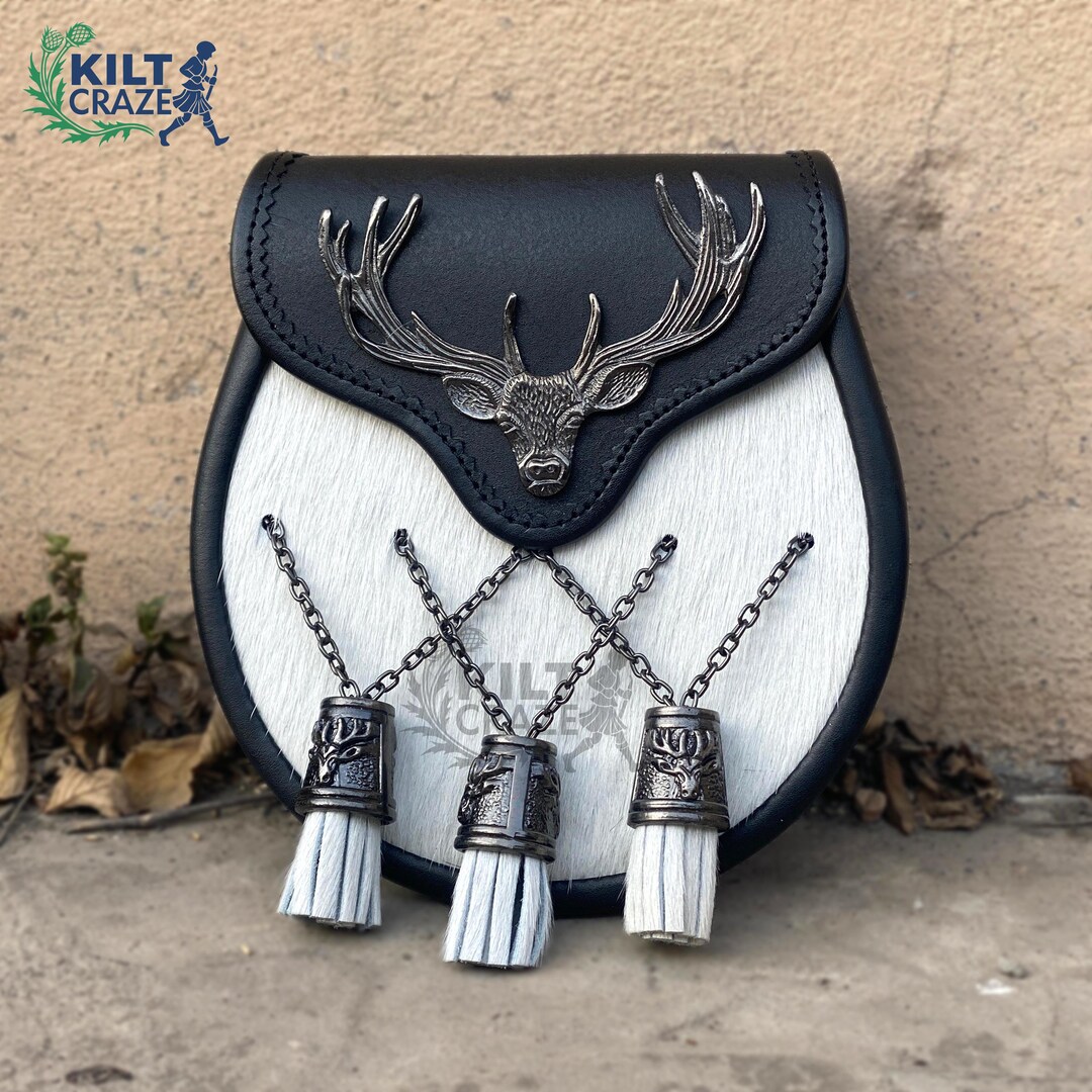 Stag Head Kilt Sporran: White Fur & Black Leather Scottish Highland ...