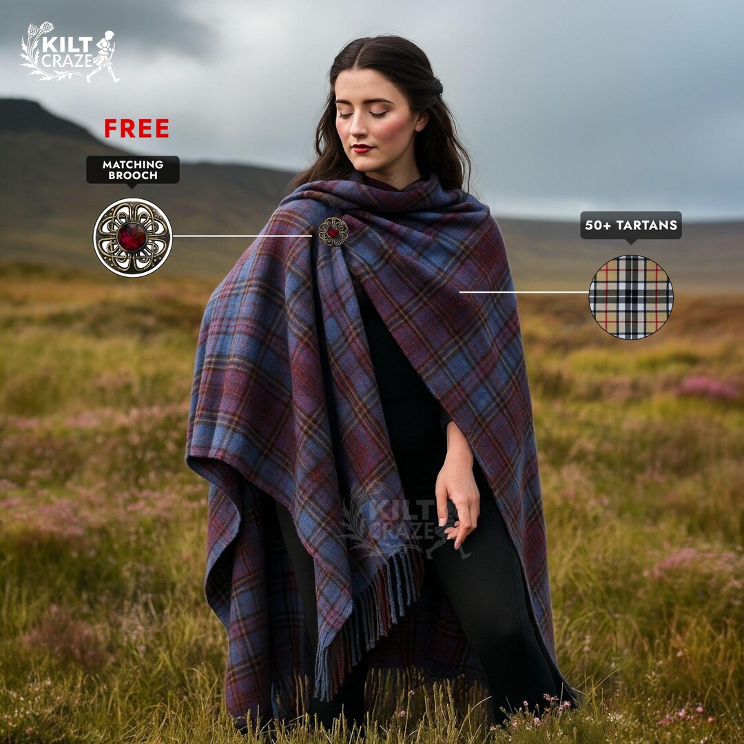 Ladies Plaid Highland Ruana With Free Brooch Women Tartan Cape Shawl ...