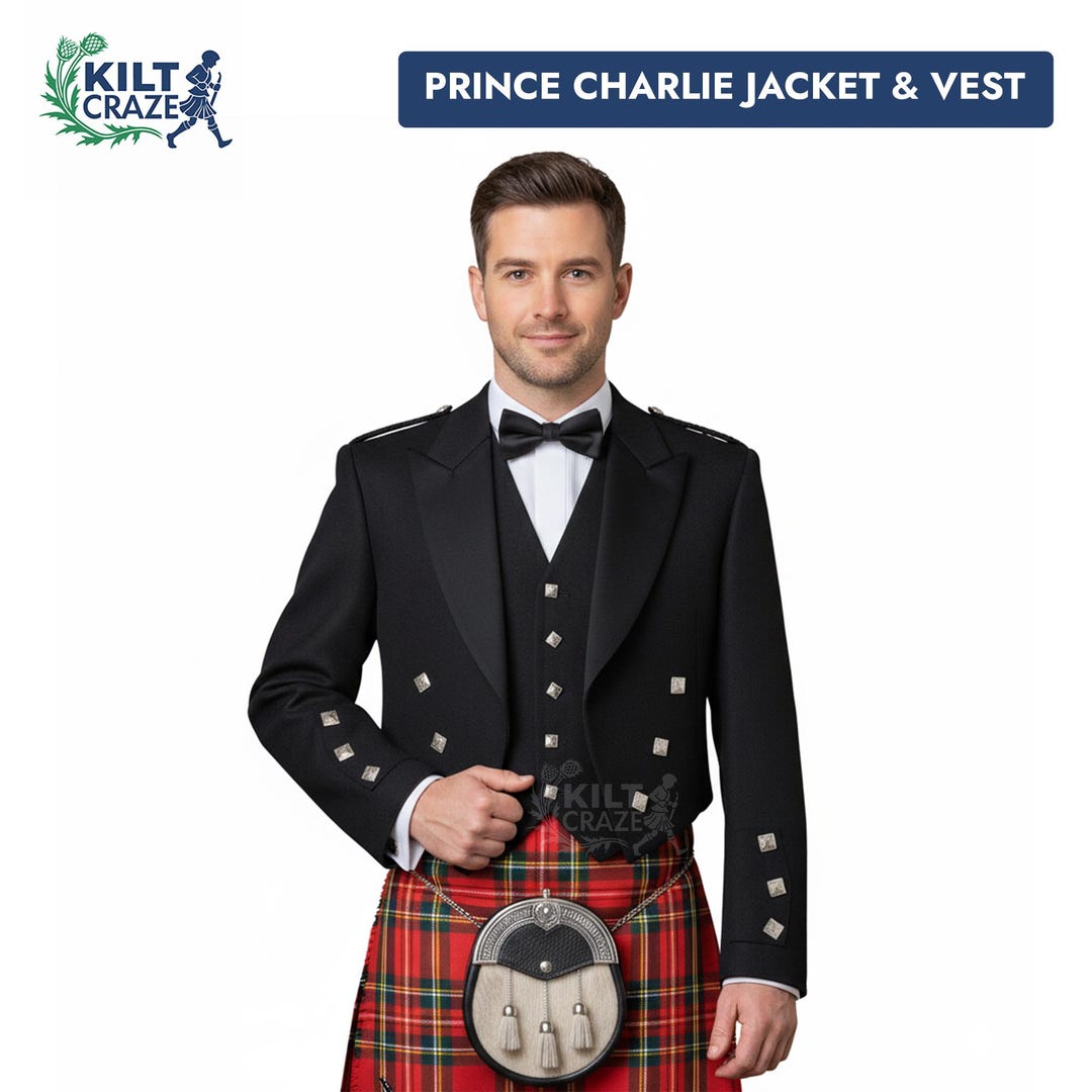 Men’s Prince Charlie Jacket With 5 Button Vest Scottish Wedding Kilt ...