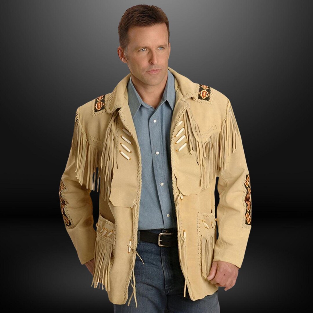 Men's Buffalo Leather Fringe Jacket: Native American Beaded Western ...