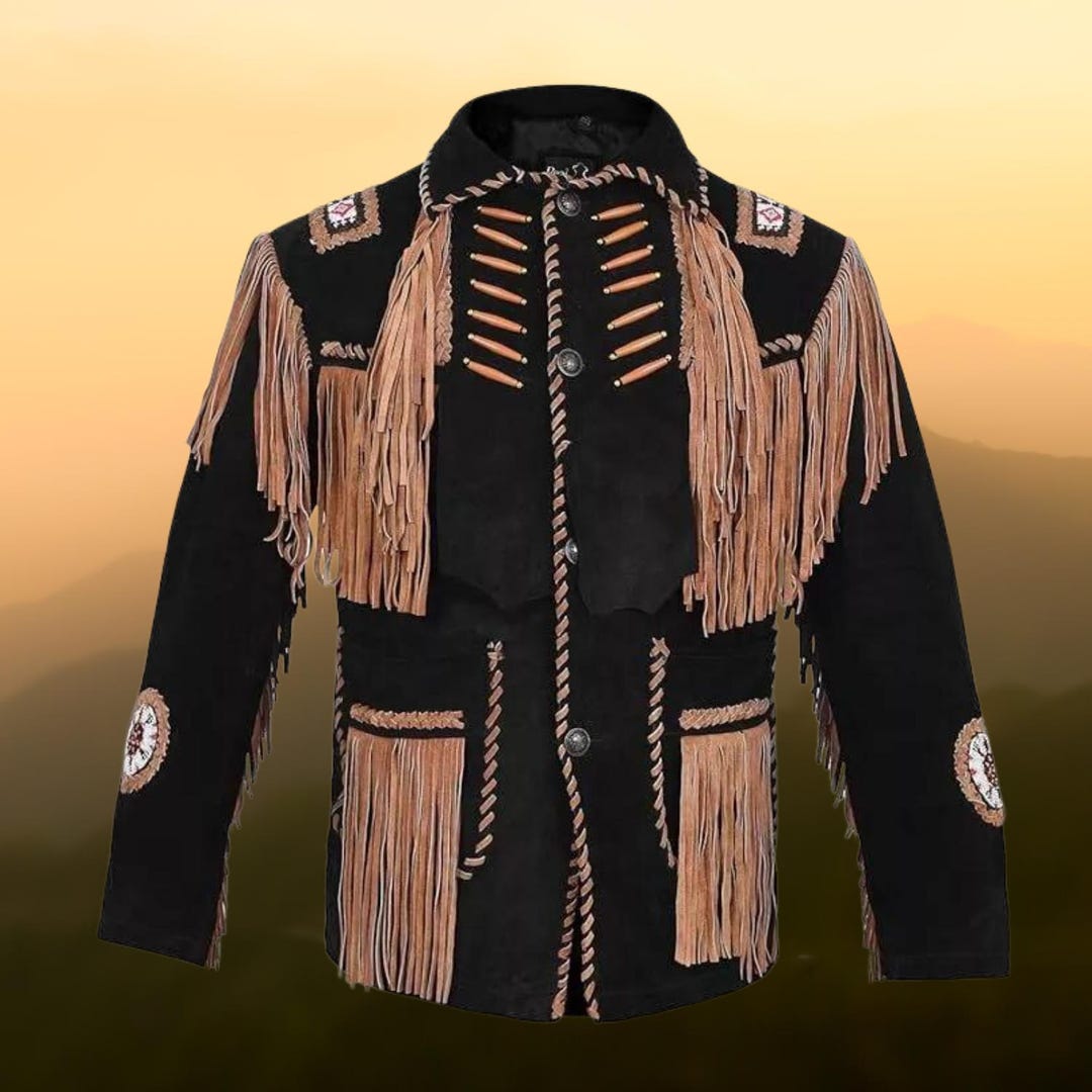 Mens Beaded Suede Fringe Jacket: Native American Style Western Coat ...