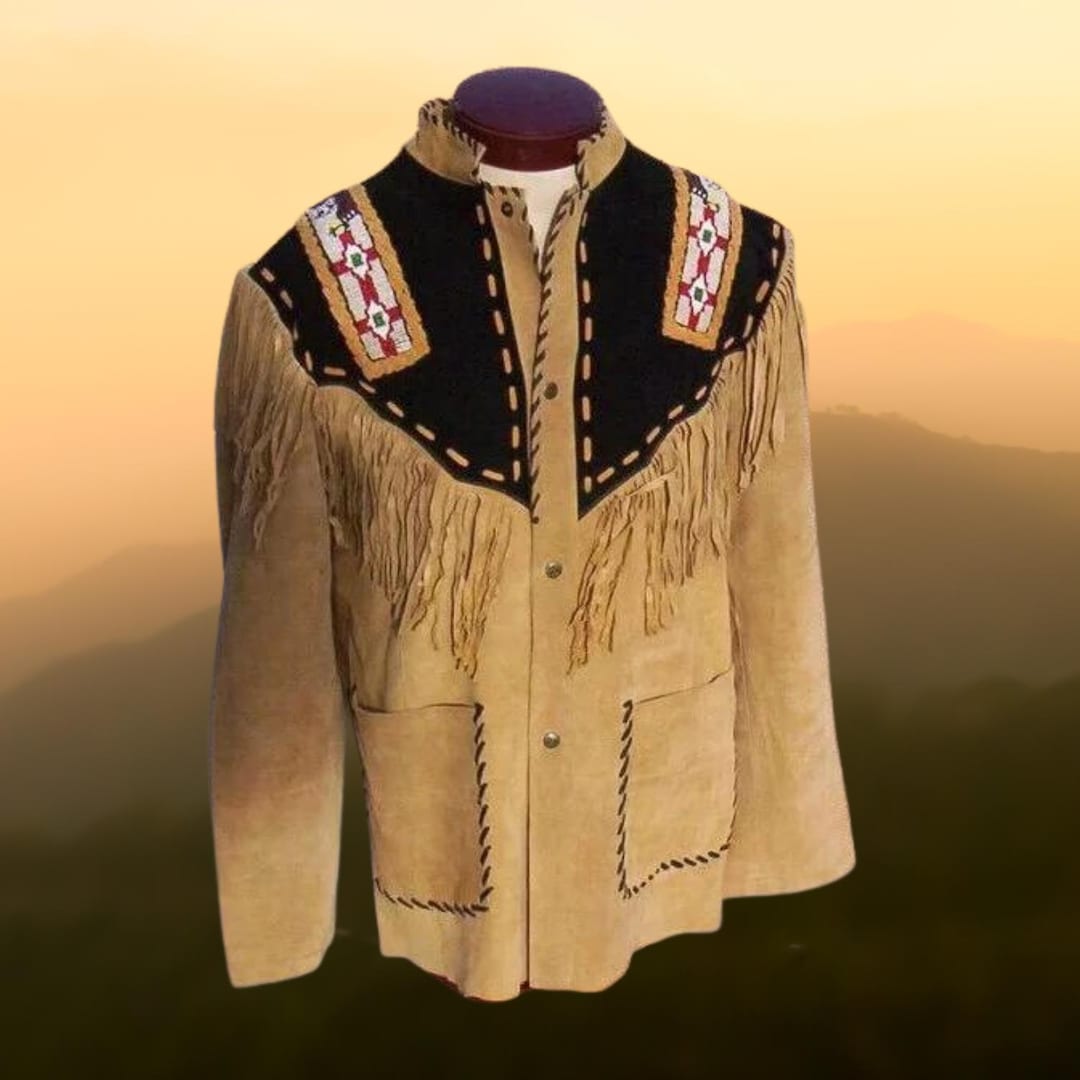 Men's Native American Beaded Suede Fringe Jacket: Eagle Design ...