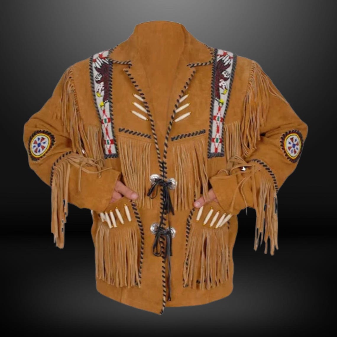 Men's Native American Beaded Suede Fringe Jacket: Eagle Design ...