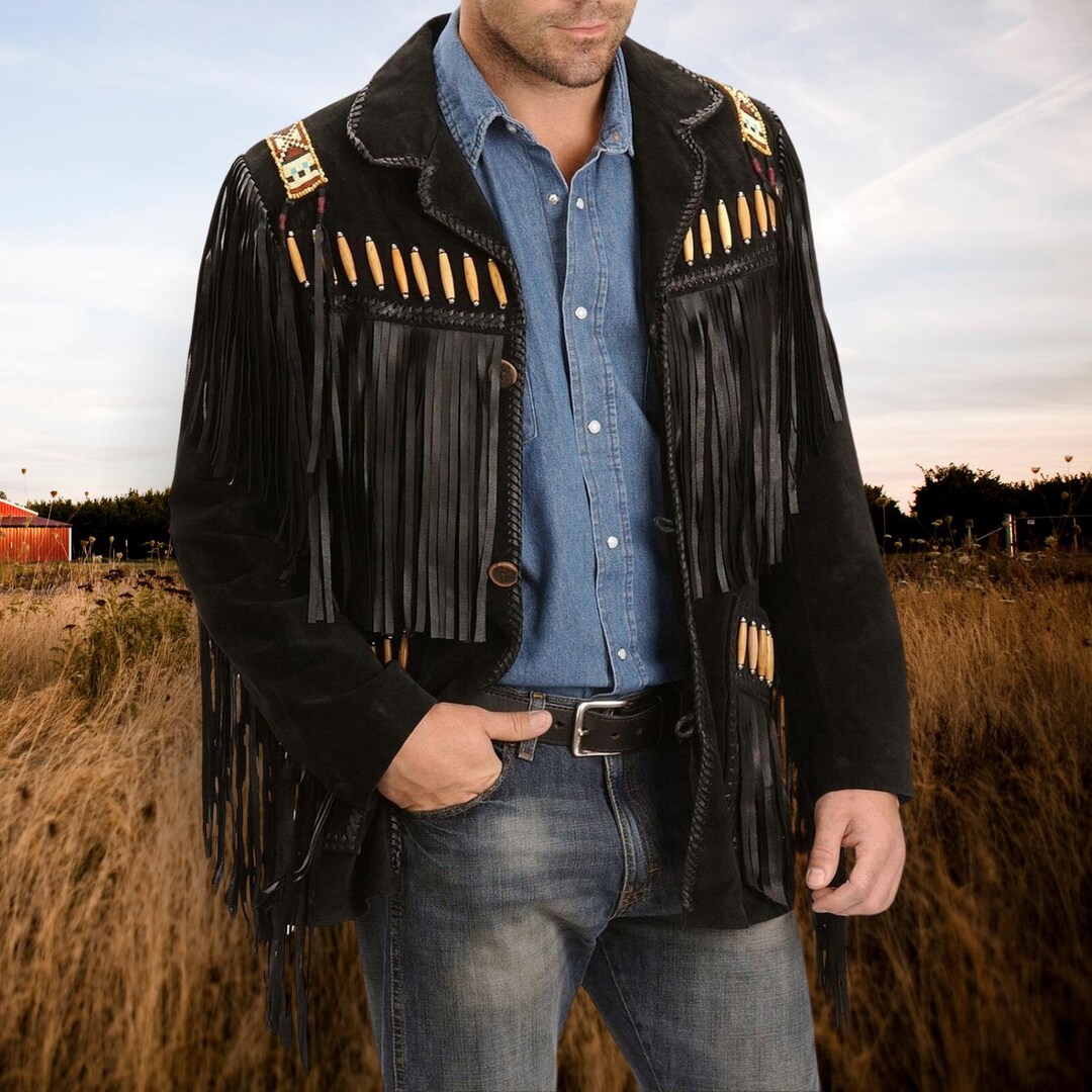 Mens Beaded Suede Fringe Jacket: Native American Style Western Coat ...
