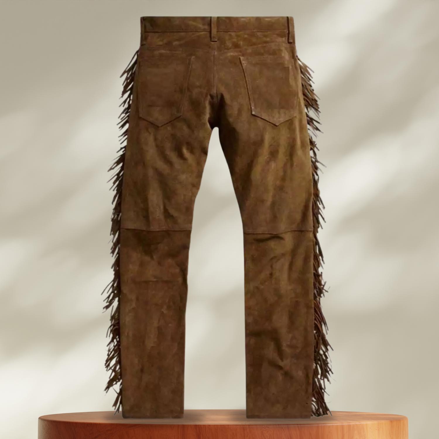 Western Wear Men's Handmade Real Suede Leather Fringe Pants, Denim ...