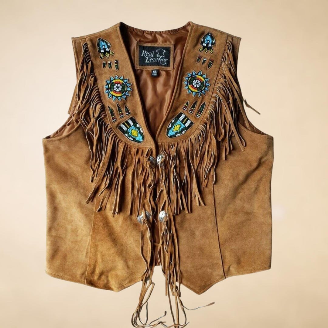 Handmade Cognac Suede Beaded Vest: Native American Style Fringe Leather ...