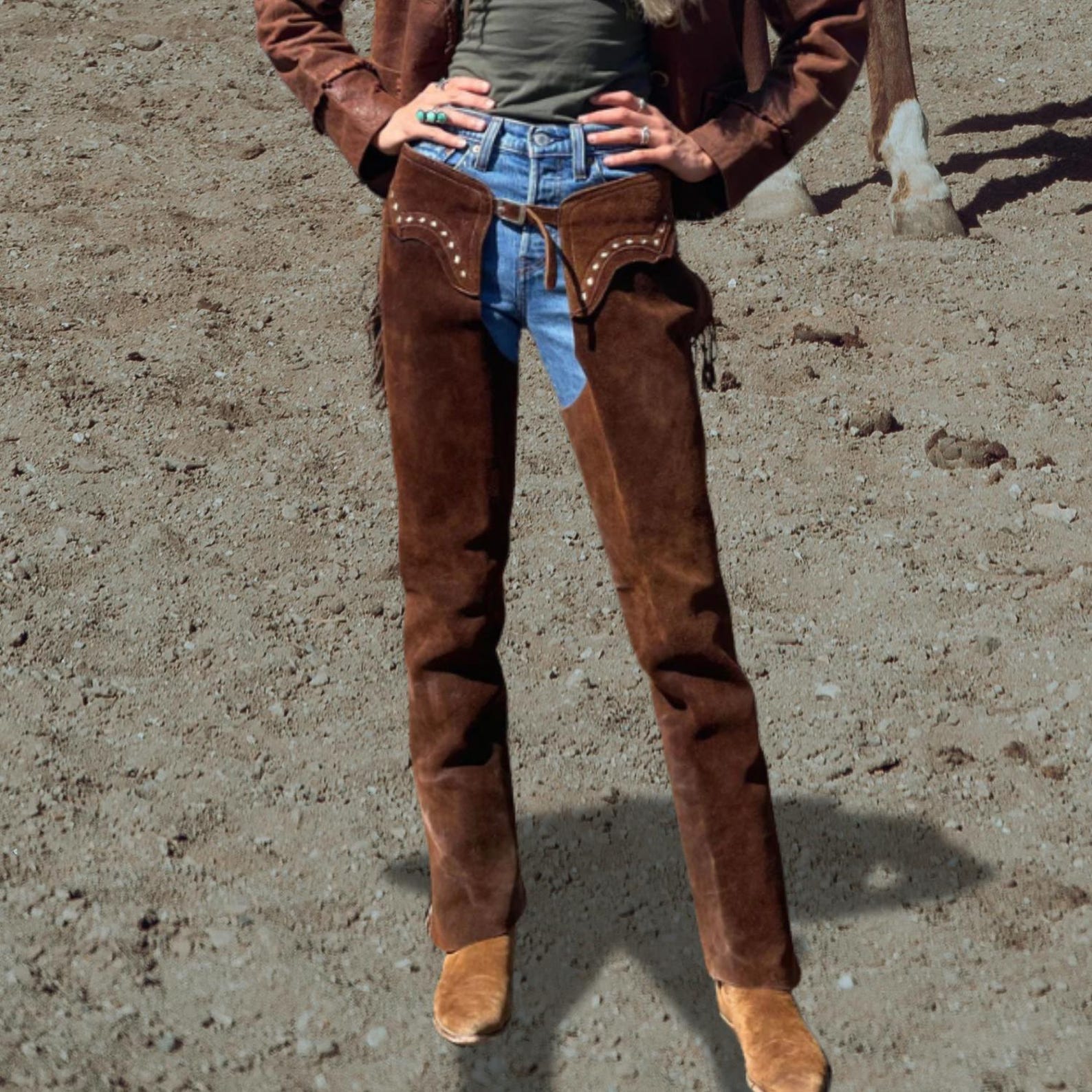Western Cowgirl 70s Suede Leather Fringe Chaps With Edgy Stud Feature ...