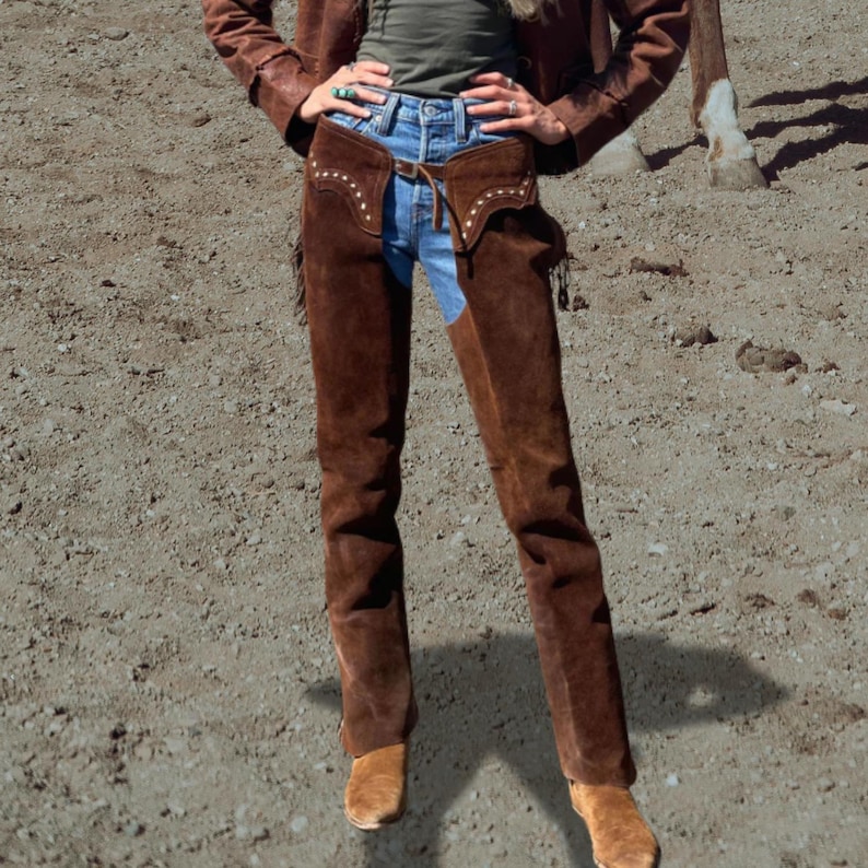 Western Cowgirl 70s Suede Leather Fringe Chaps With Edgy Stud Feature ...