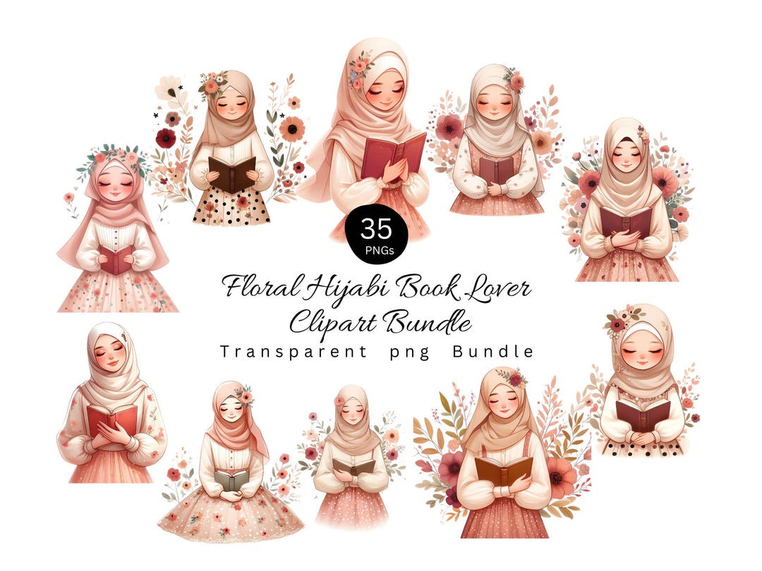 Hijabi Book Lover Clipart Bundle | Watercolor Muslim Girl PNG (digital ...