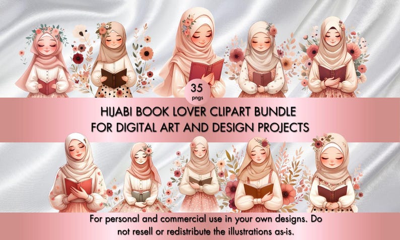 Hijabi Book Lover Clipart Bundle | Watercolor Muslim Girl PNG (digital ...
