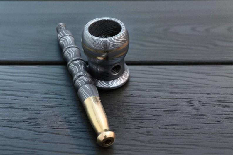 Handmade Damascus Steel Smoking Pipe, Brass Metal Pipe With Mesh Guaze ...