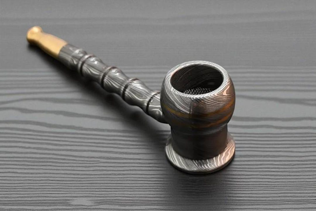 Handmade Damascus Steel Smoking Pipe, Brass Metal Pipe With Mesh Guaze ...