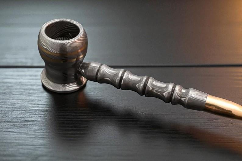 Handmade Damascus Steel Smoking Pipe, Brass Metal Pipe With Mesh Guaze ...