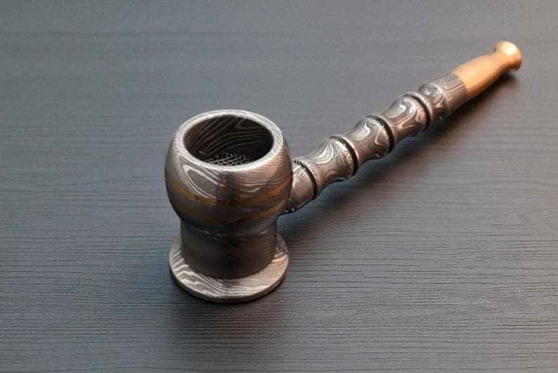 Handmade Damascus Steel Smoking Pipe, Brass Metal Pipe With Mesh Guaze ...