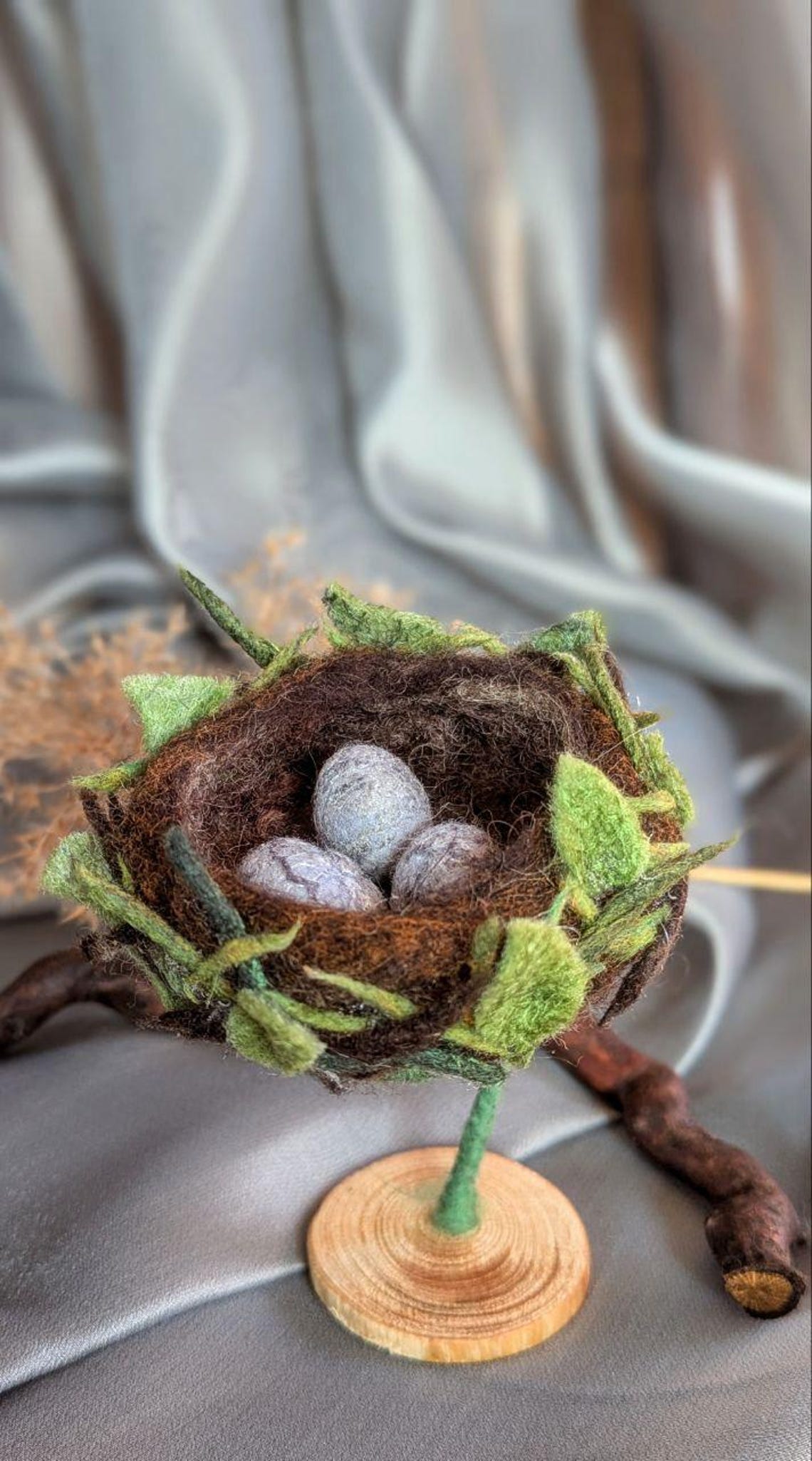 Soft Felt Bird Nest With Green Leaves and Wool Eggs, Handmade Woodland ...