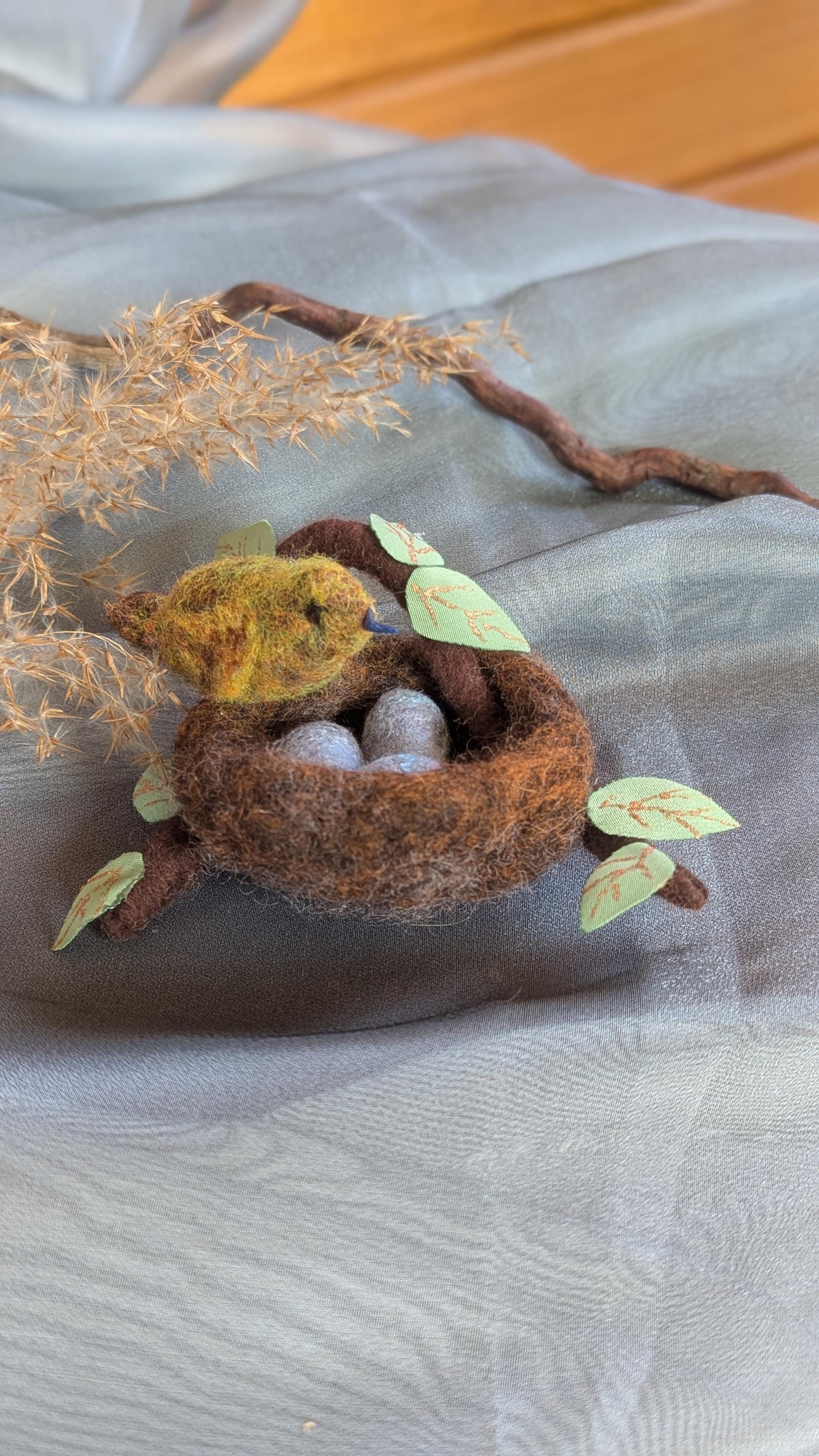 Handmade Felted Bird Nest With Perched Wool Bird and Three Eggs, Nature ...