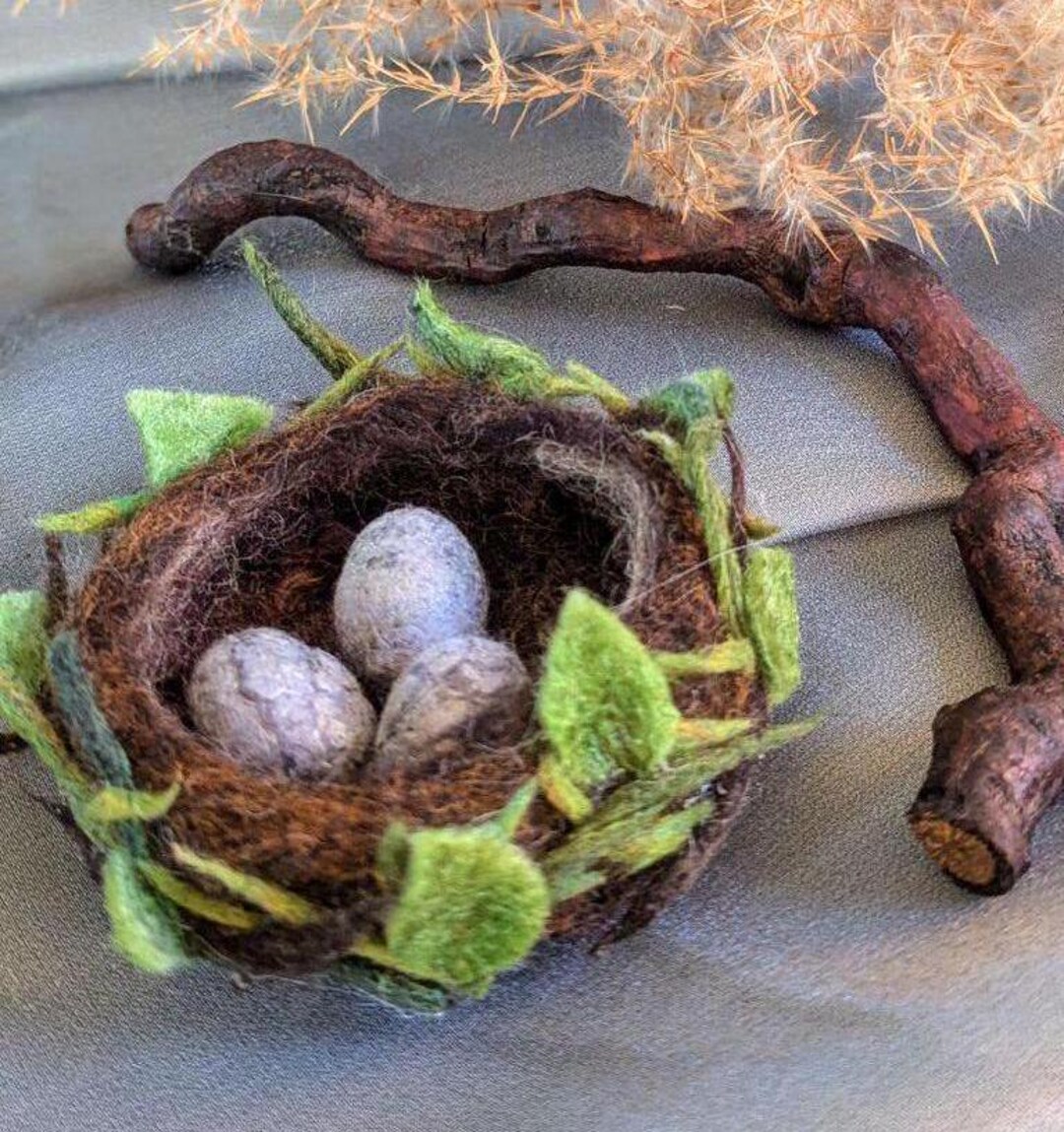 Soft Felt Bird Nest With Green Leaves and Wool Eggs, Handmade Woodland ...