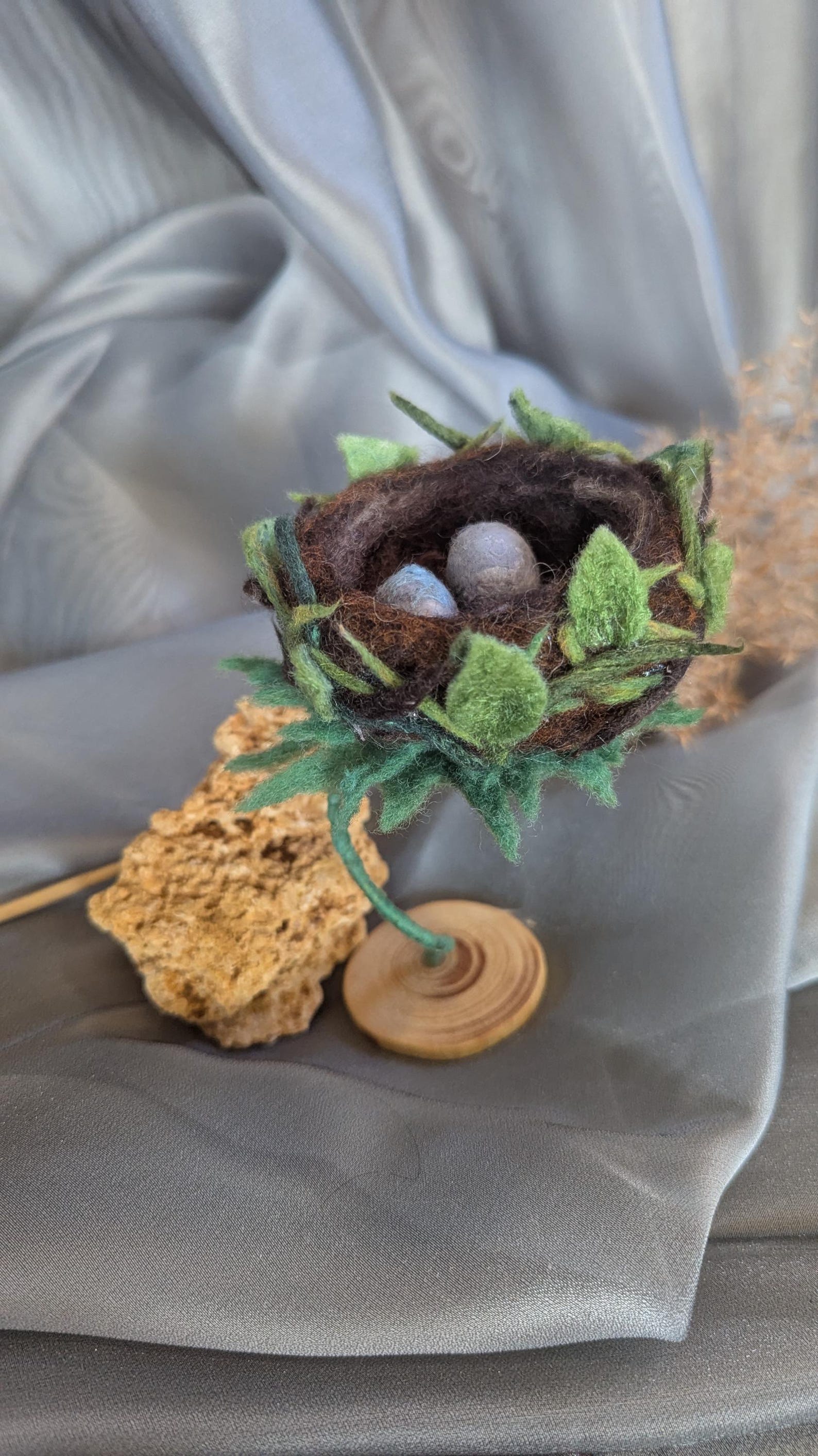 Felted Woodland Nest With Blue Eggs and Green Leaves, Handmade Spring ...